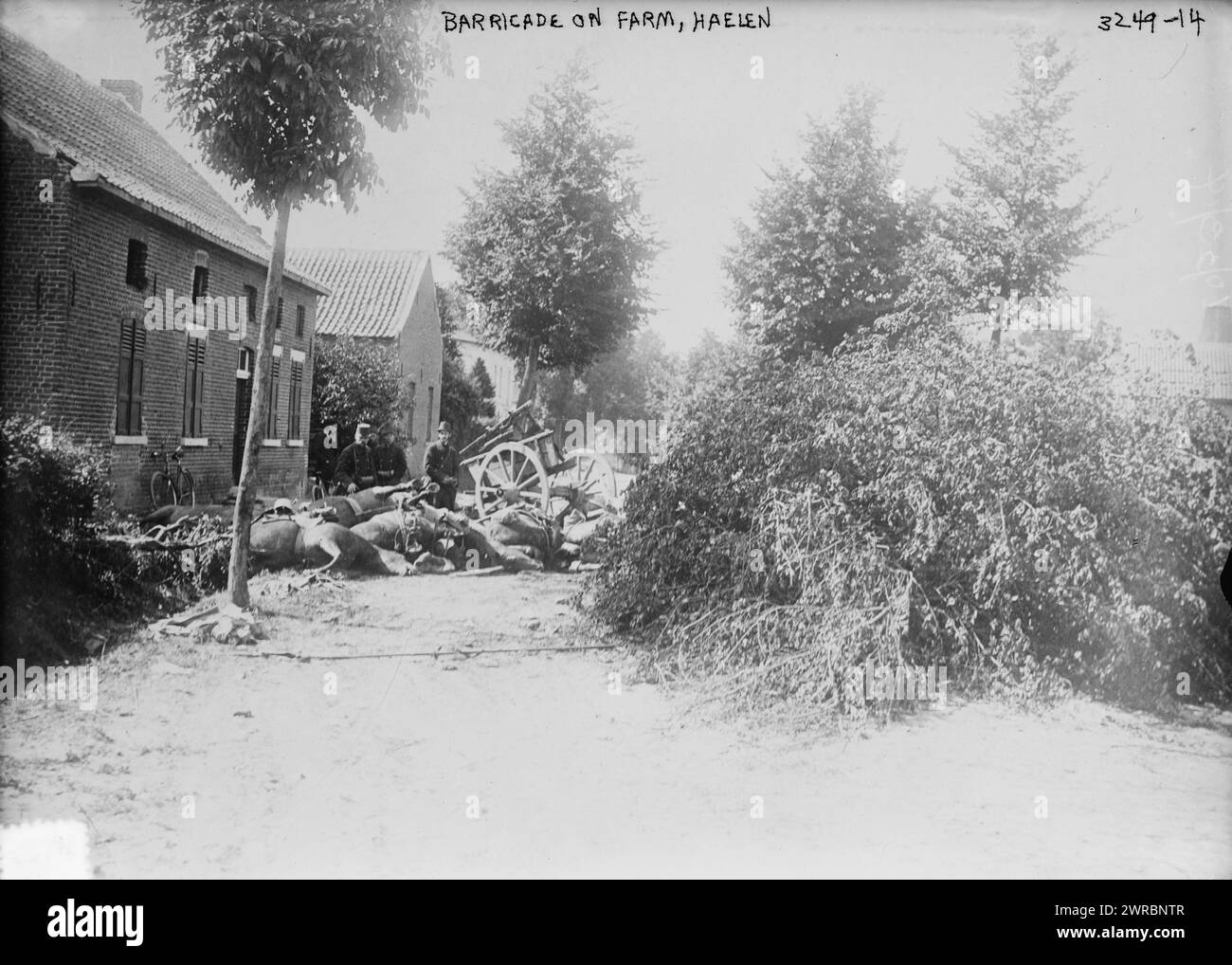 Barricade on farm, Haelen, Photograph shows the aftermath of the Battle ...
