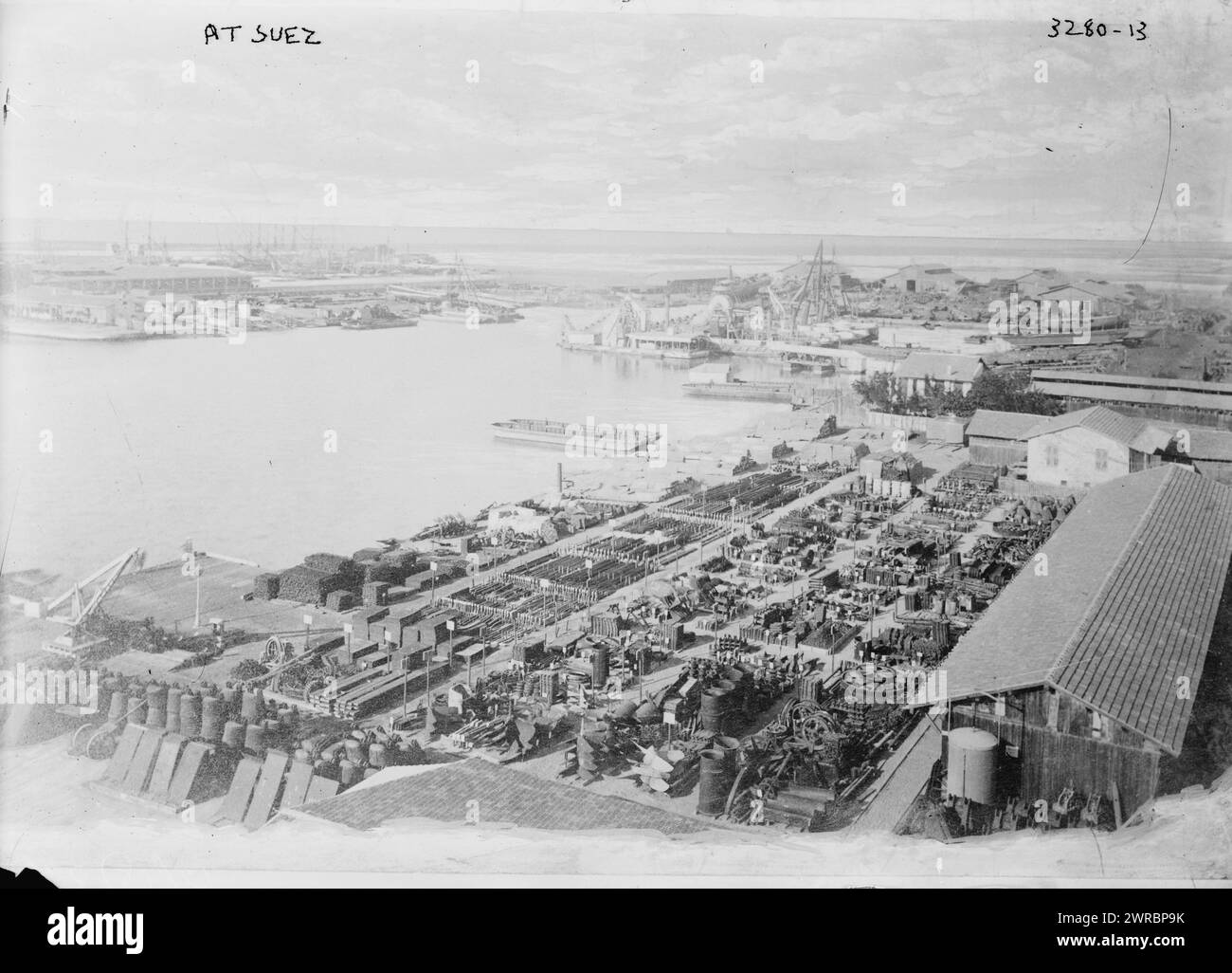 At Suez, Photograph shows an aerial view of the Suez Canal, Egypt with ...