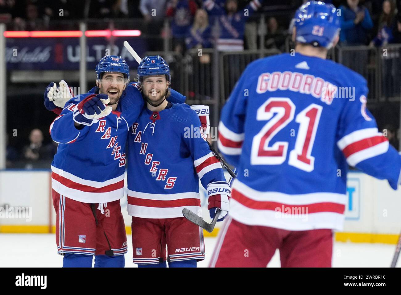 New York Rangers' Erik Gustafsson, left, celebrates his goal with Zac ...