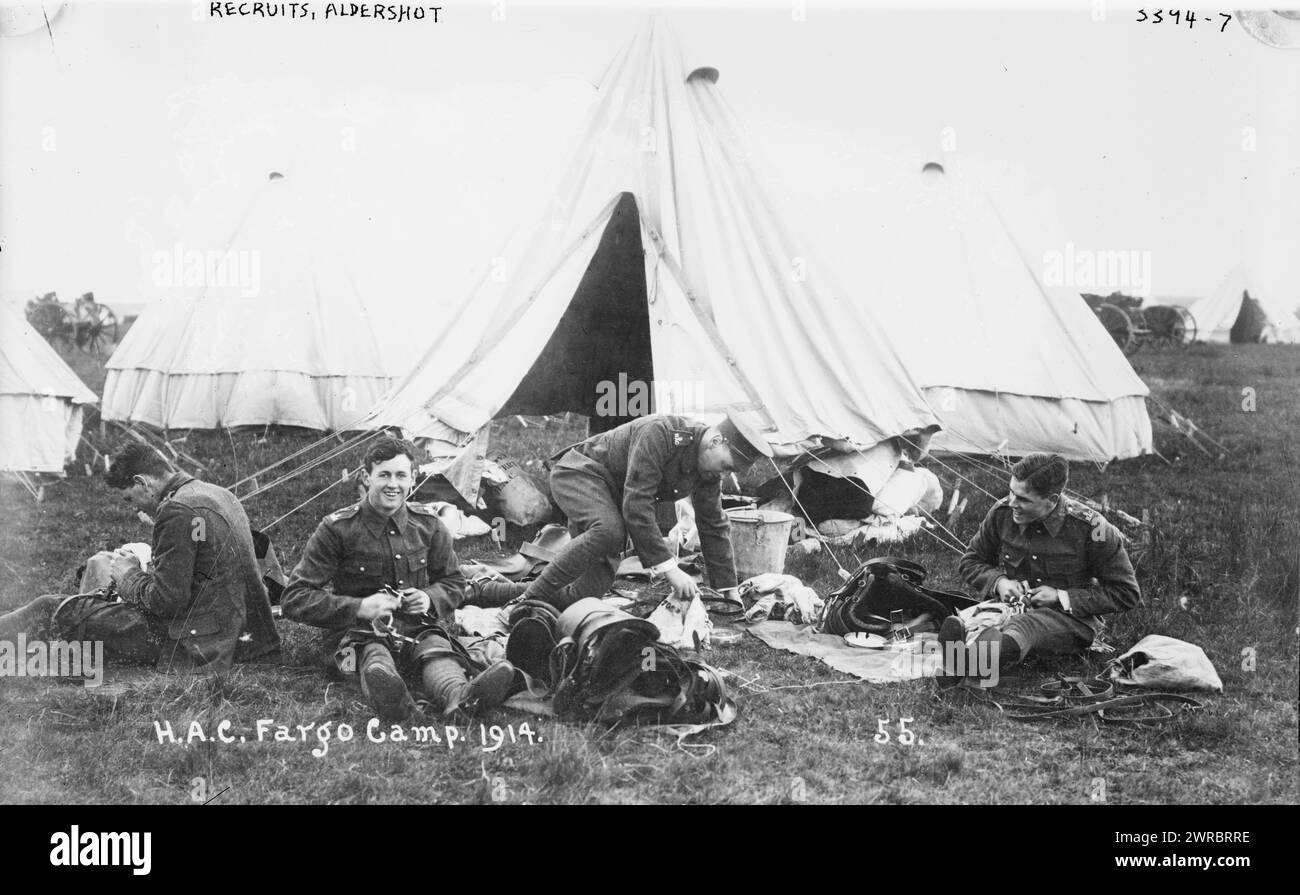 Recruits, Aldershot, H.A.C. Fargo Camp. 1914, Photograph shows soldiers ...