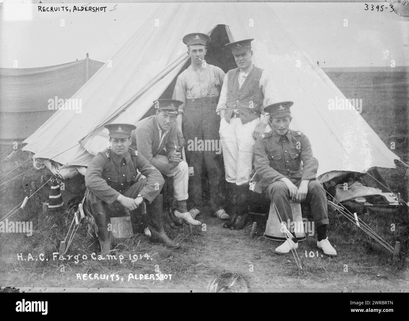 Recruits, Aldershot, H.A.C. Fargo Camp. 1914, Photograph shows British ...