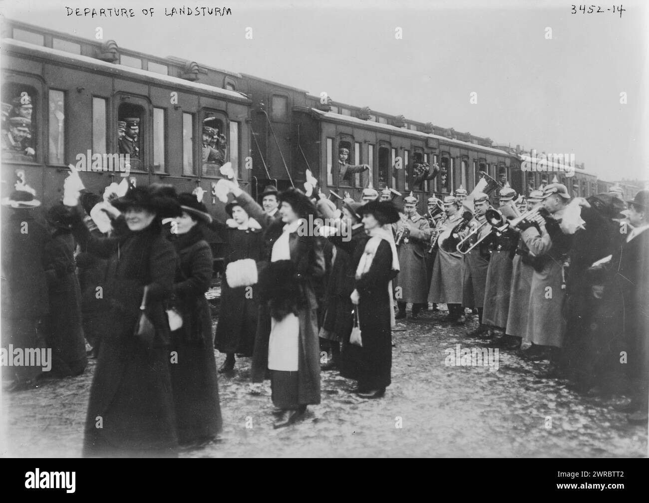 Departure of 'Landsturm', Photograph shows women and a band standing ...