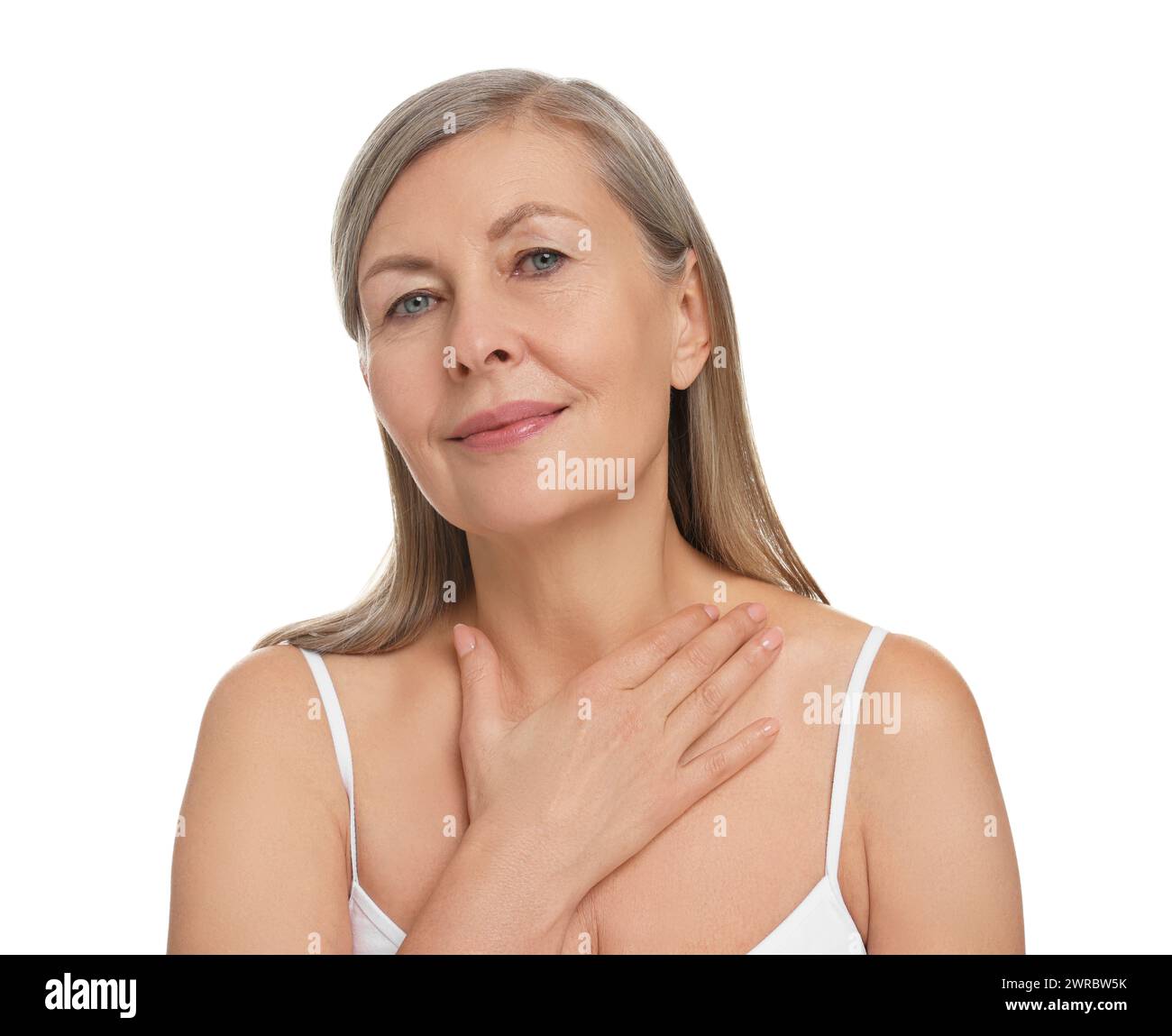 Woman touching her neck hi-res stock photography and images - Alamy