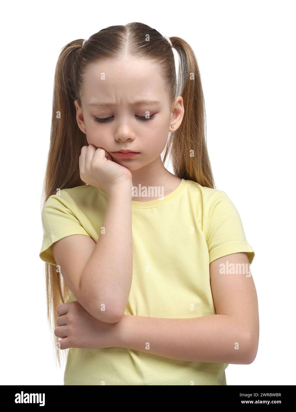 Portrait of sad girl on white background Stock Photo - Alamy