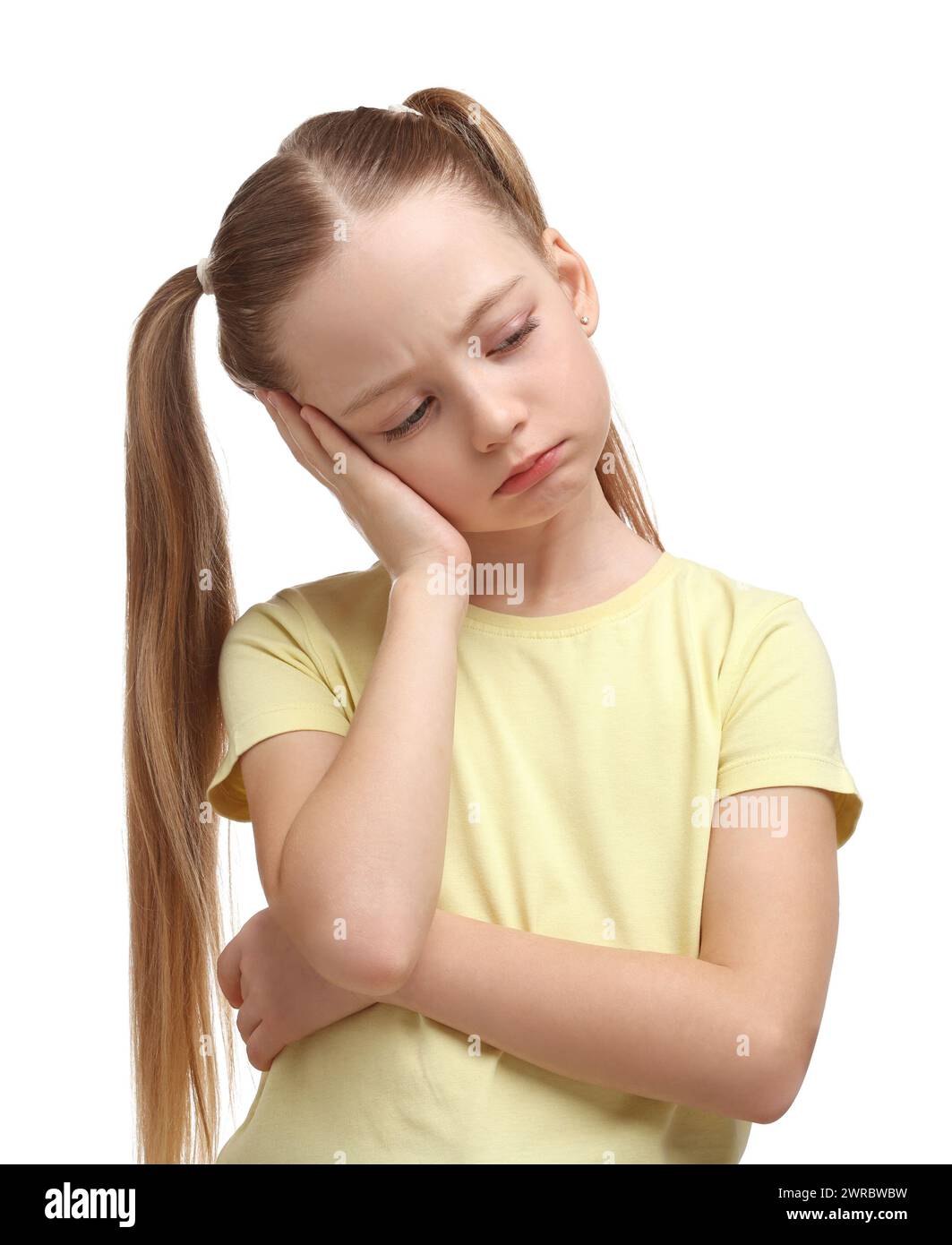 Portrait of sad girl on white background Stock Photo - Alamy