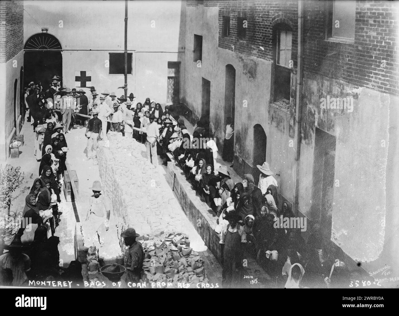 Monterey, bags of corn from Red Cross, Photograph shows starving ...