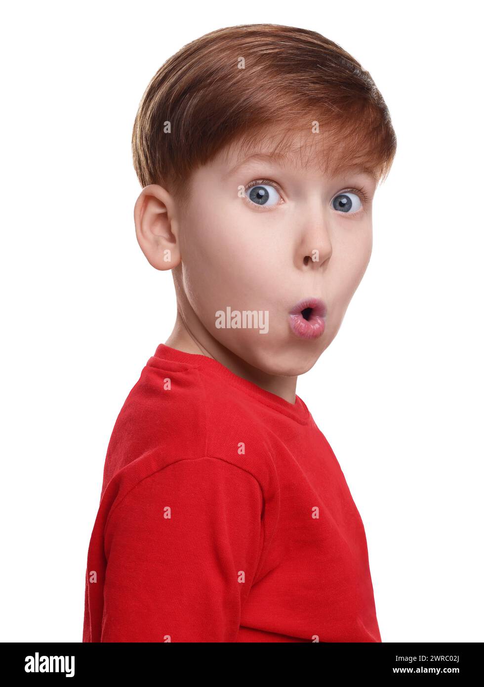 Portrait of surprised little boy on white background Stock Photo - Alamy