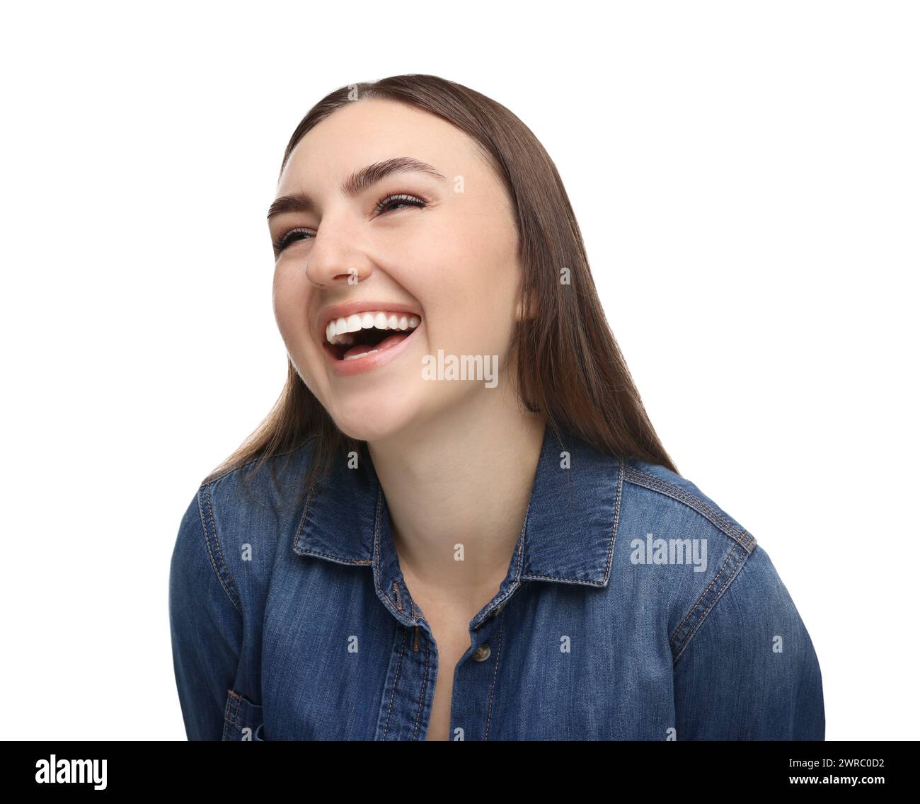 Portrait of beautiful woman laughing on white background Stock Photo ...