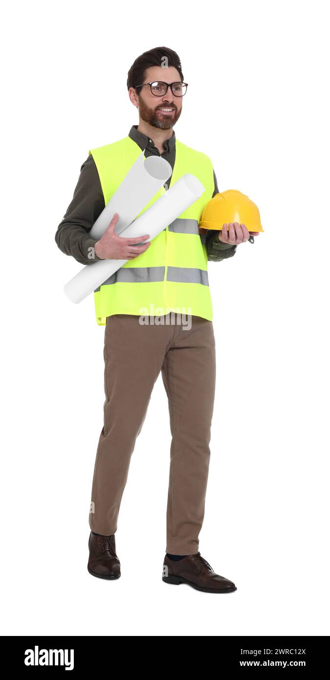 Architect with drafts and hard hat walking on white background Stock ...