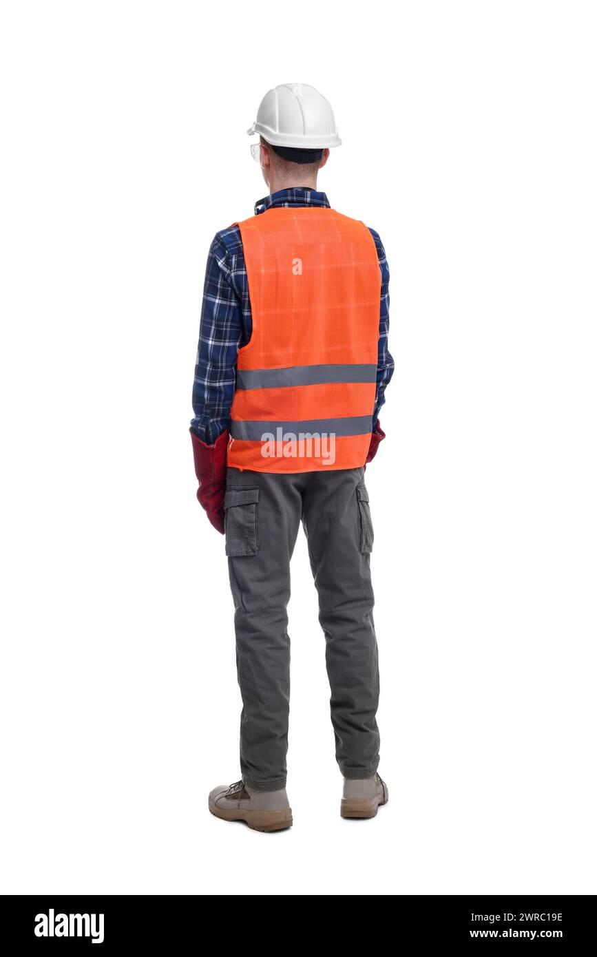 Young man wearing safety equipment on white background, back view Stock ...