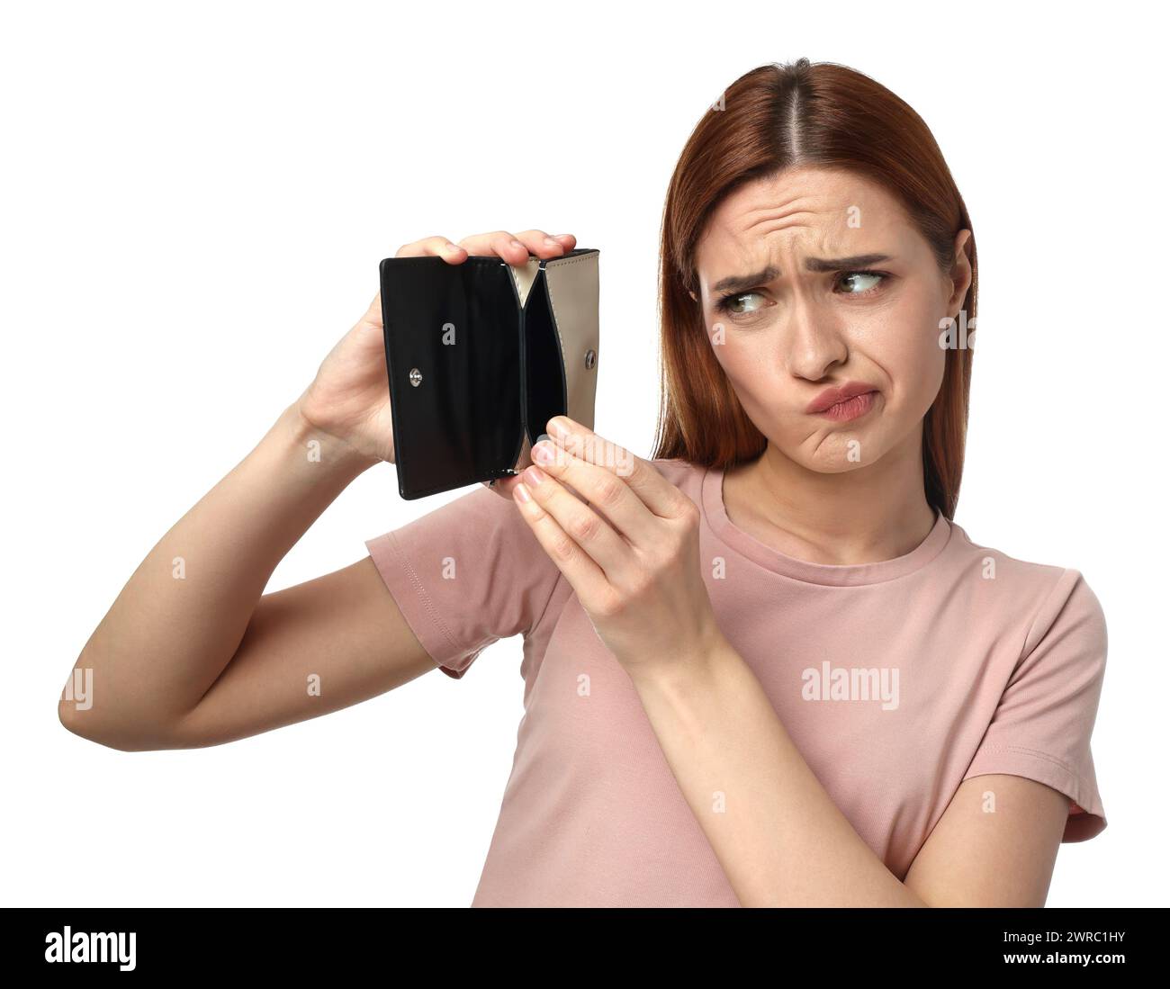 Upset woman with empty wallet on white background Stock Photo - Alamy