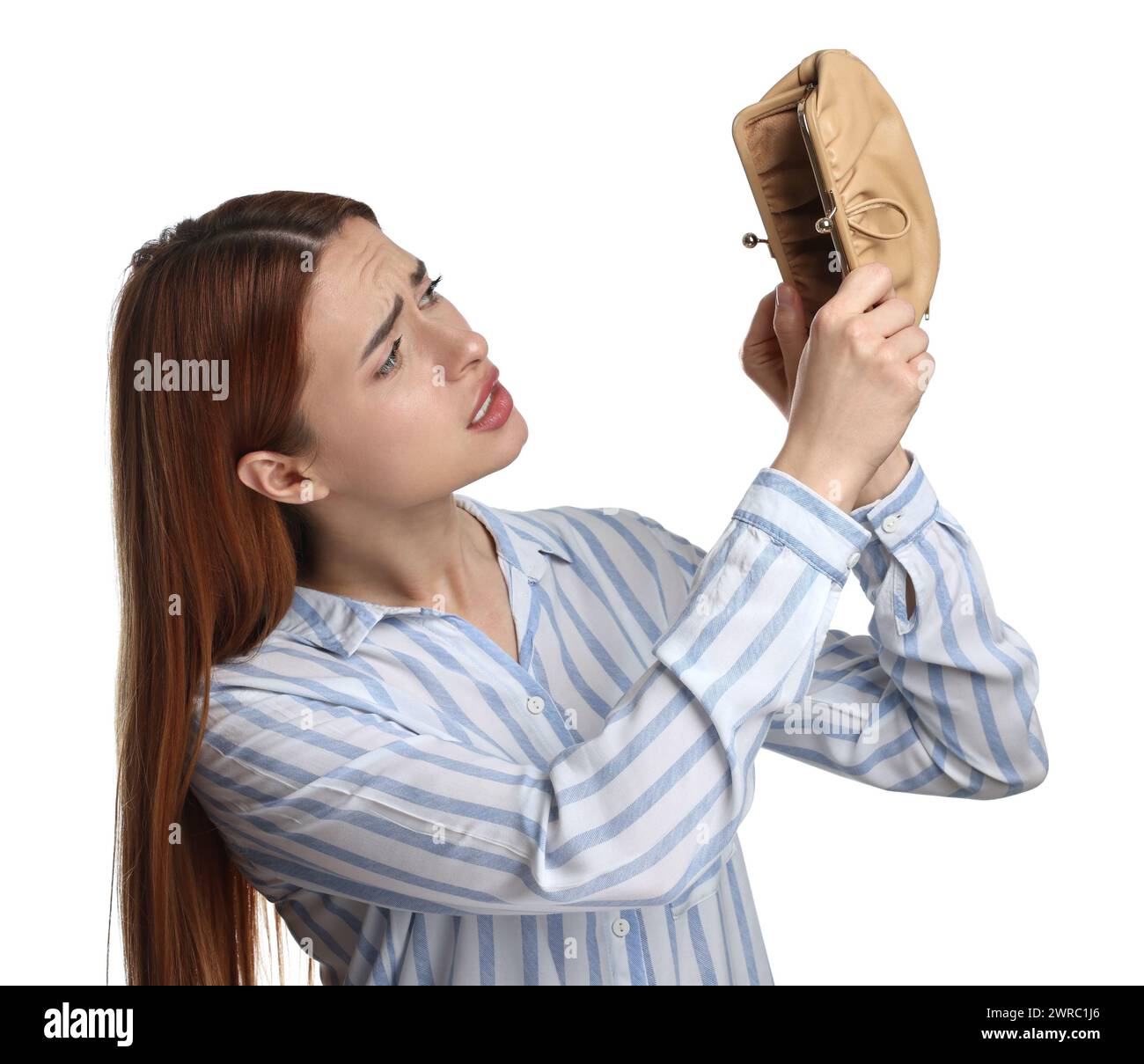 Upset woman with empty wallet on white background Stock Photo - Alamy