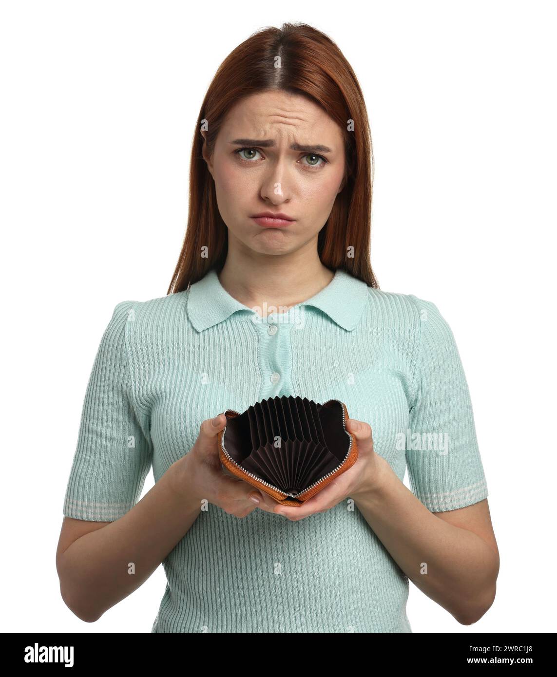 Upset woman with empty wallet on white background Stock Photo - Alamy