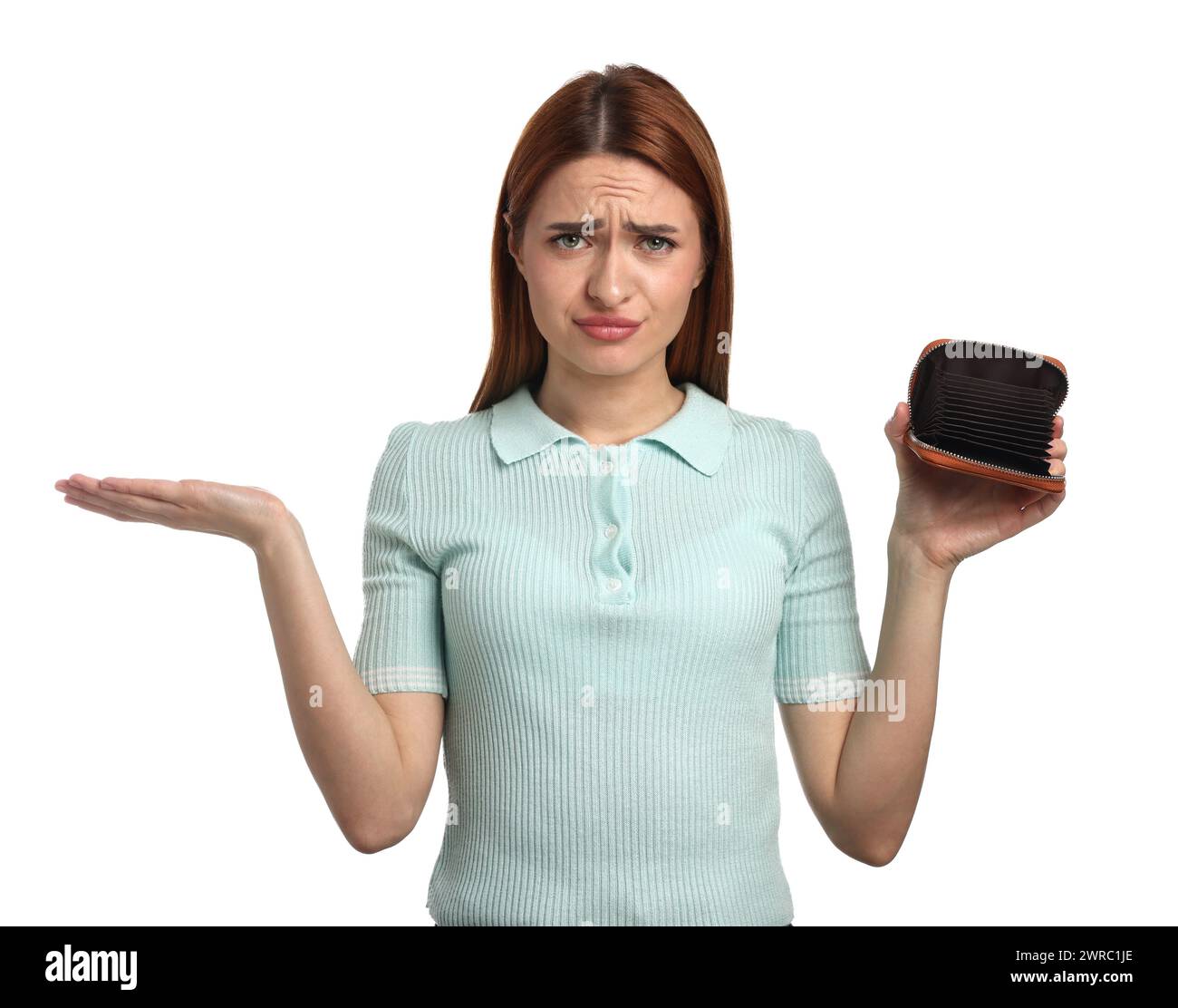 Upset woman with empty wallet on white background Stock Photo - Alamy