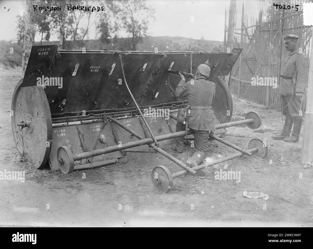 Russian Barricade, Photograph shows a soldier behind a metal Russian ...