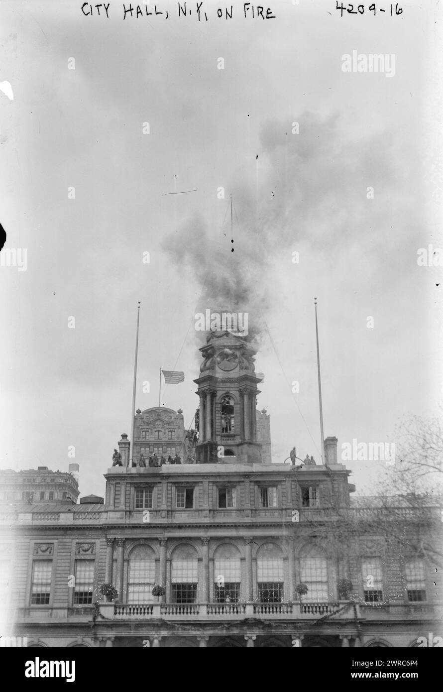 City Hall, N.Y. on fire, Photograph shows a fire in the wooden cupola ...