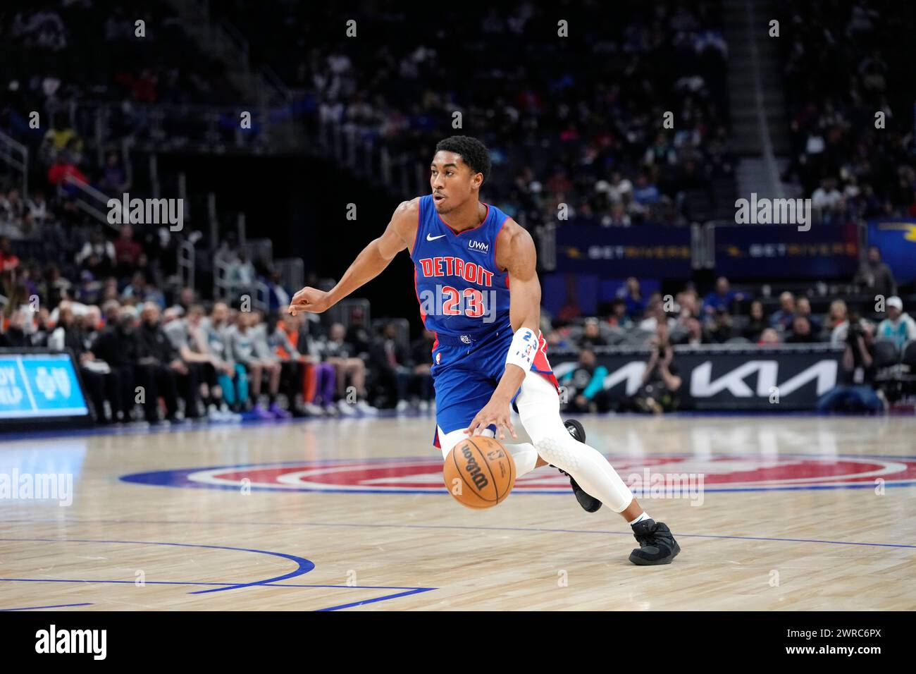 Detroit Pistons guard Jaden Ivey brings the ball up court during the ...