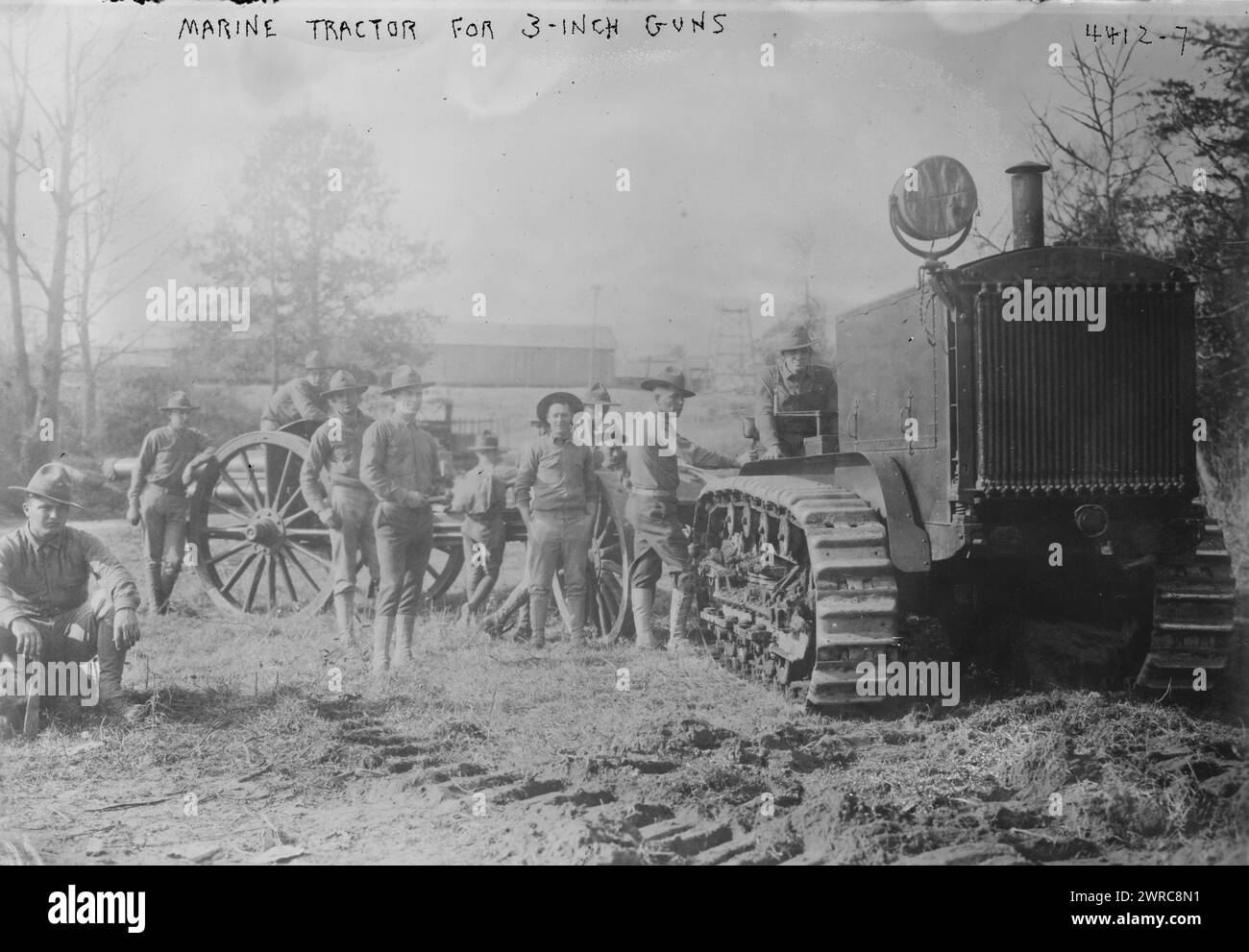 Marine tractor for 3-inch guns, Photograph shows U.S. Marines with a ...