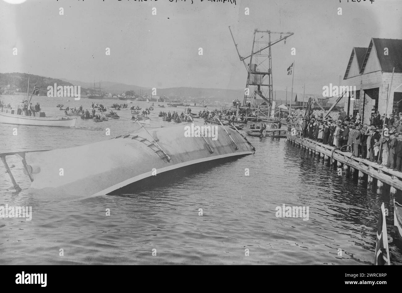 Launch of Concrete ship, Denmark, Photograph shows a concrete barge ...