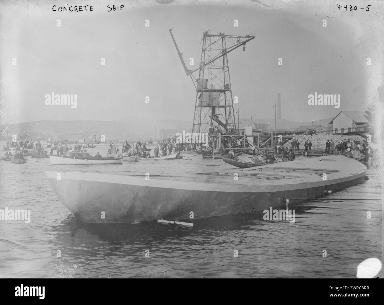 Concrete ship, Photograph shows a concrete barge being launched in ...