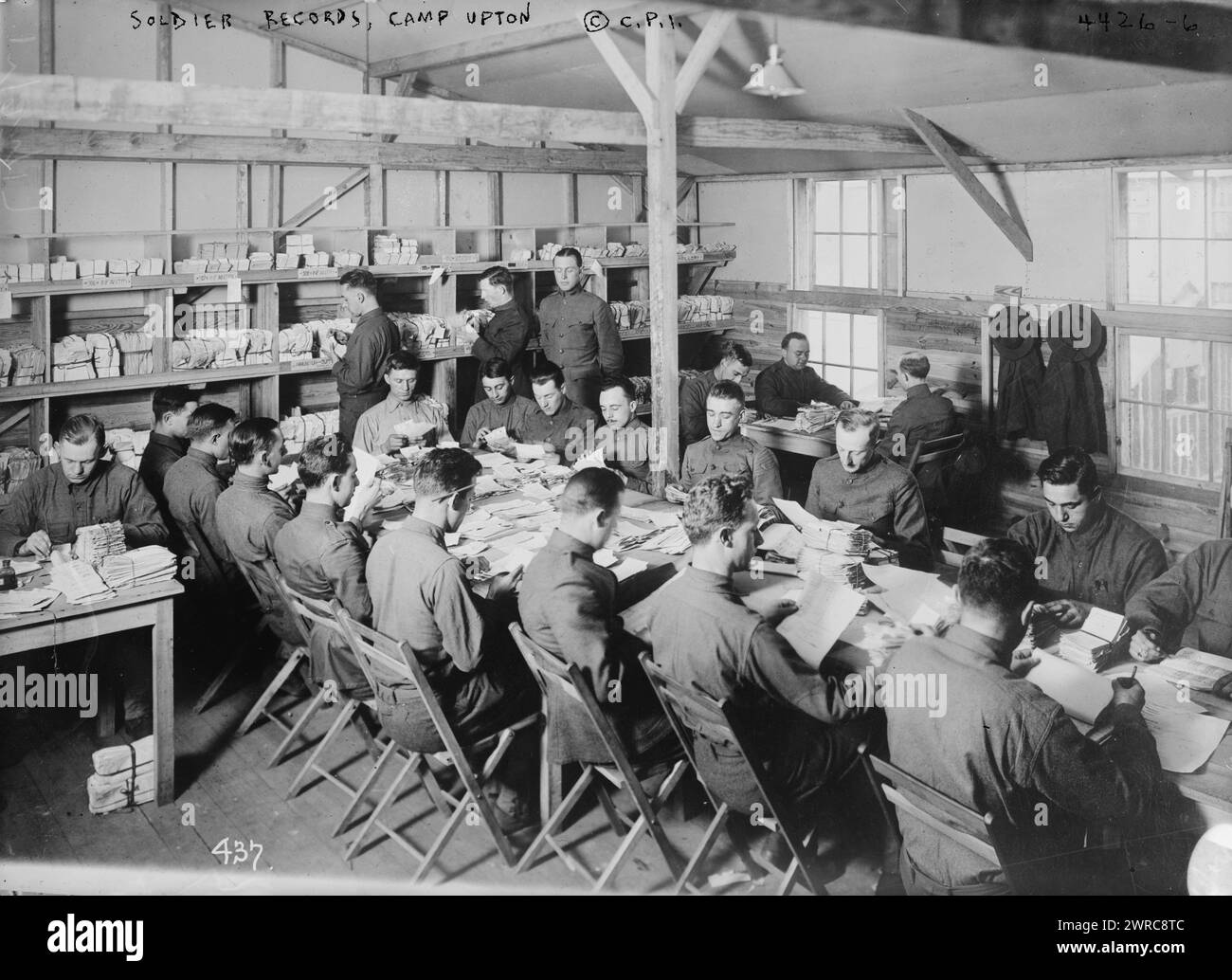 Soldier records, Camp Upton, Photograph shows soldiers sorting and ...