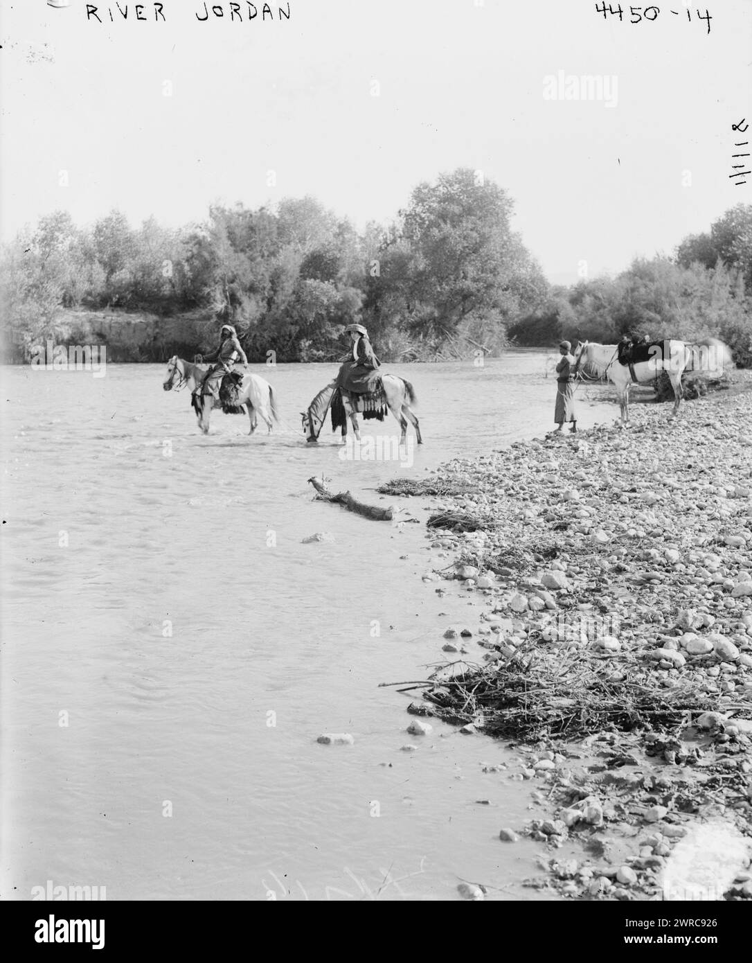 River Jordan, Photograph shows a man, boy and woman on horseback ...