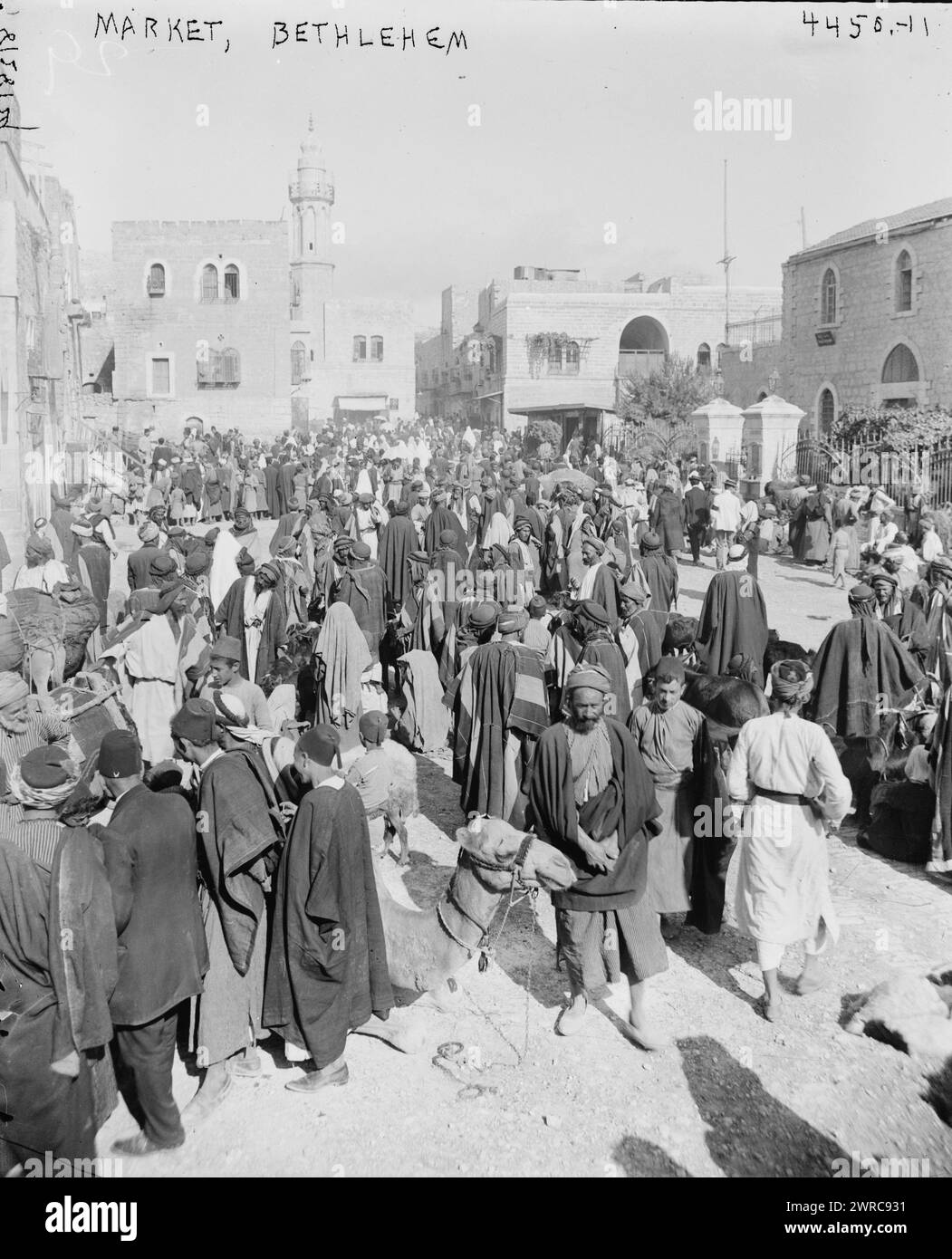 Market, Bethlehem, Photograph shows a crowd of Arab men in a Bethlehem ...