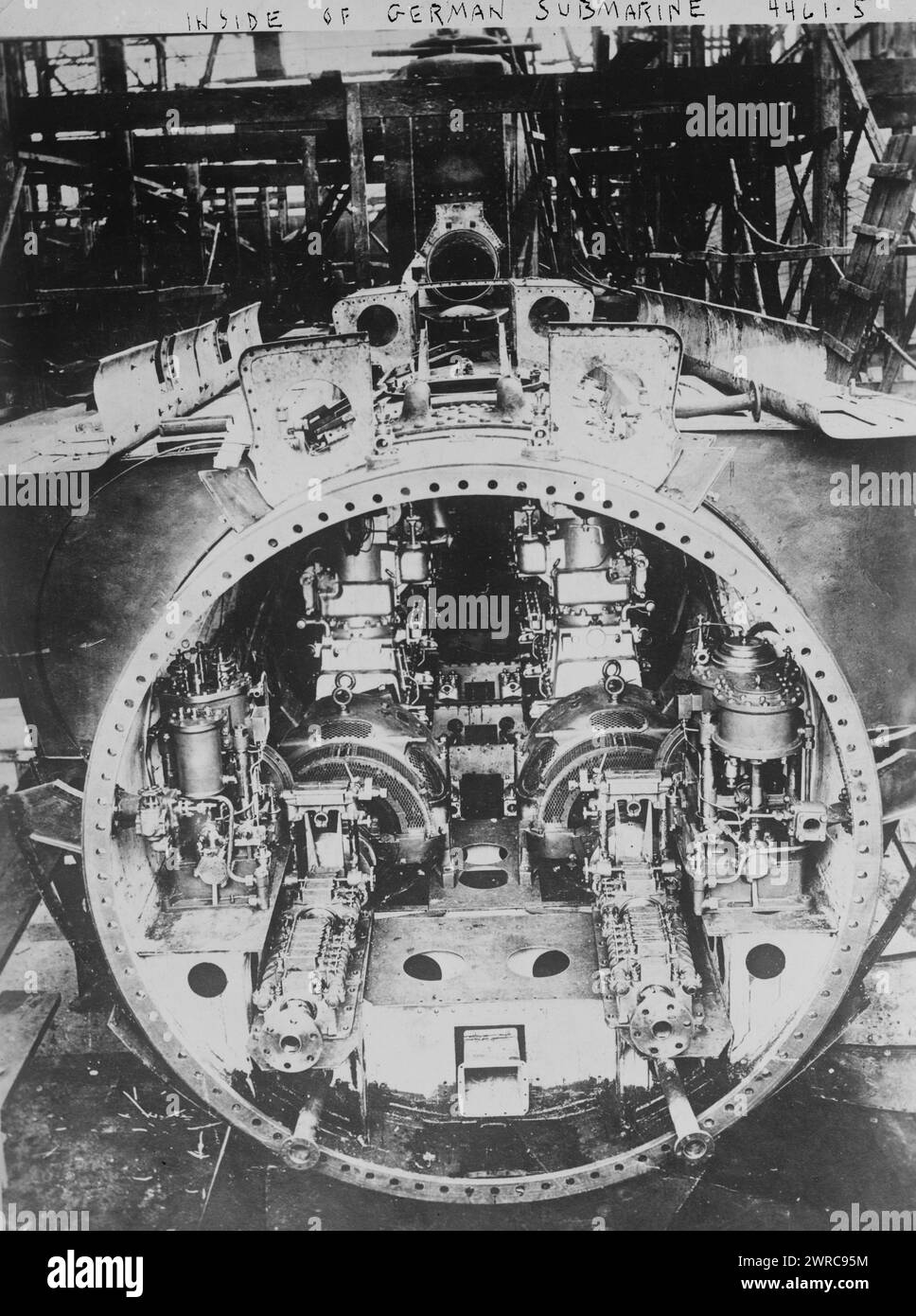 Inside of German Submarine, Photograph shows the engine compartment of ...