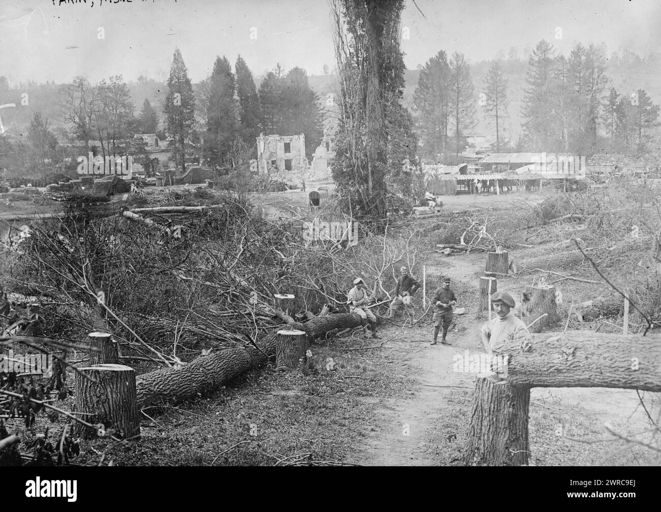 Farm, Aisne District, Photograph shows damaged farm buildings and cut ...
