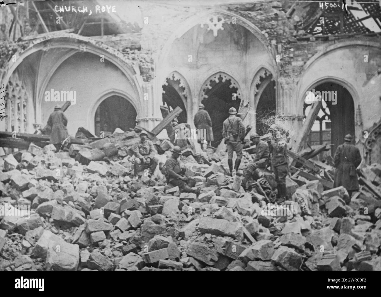 Church, Roye, Photograph shows the ruined interior of a church during ...