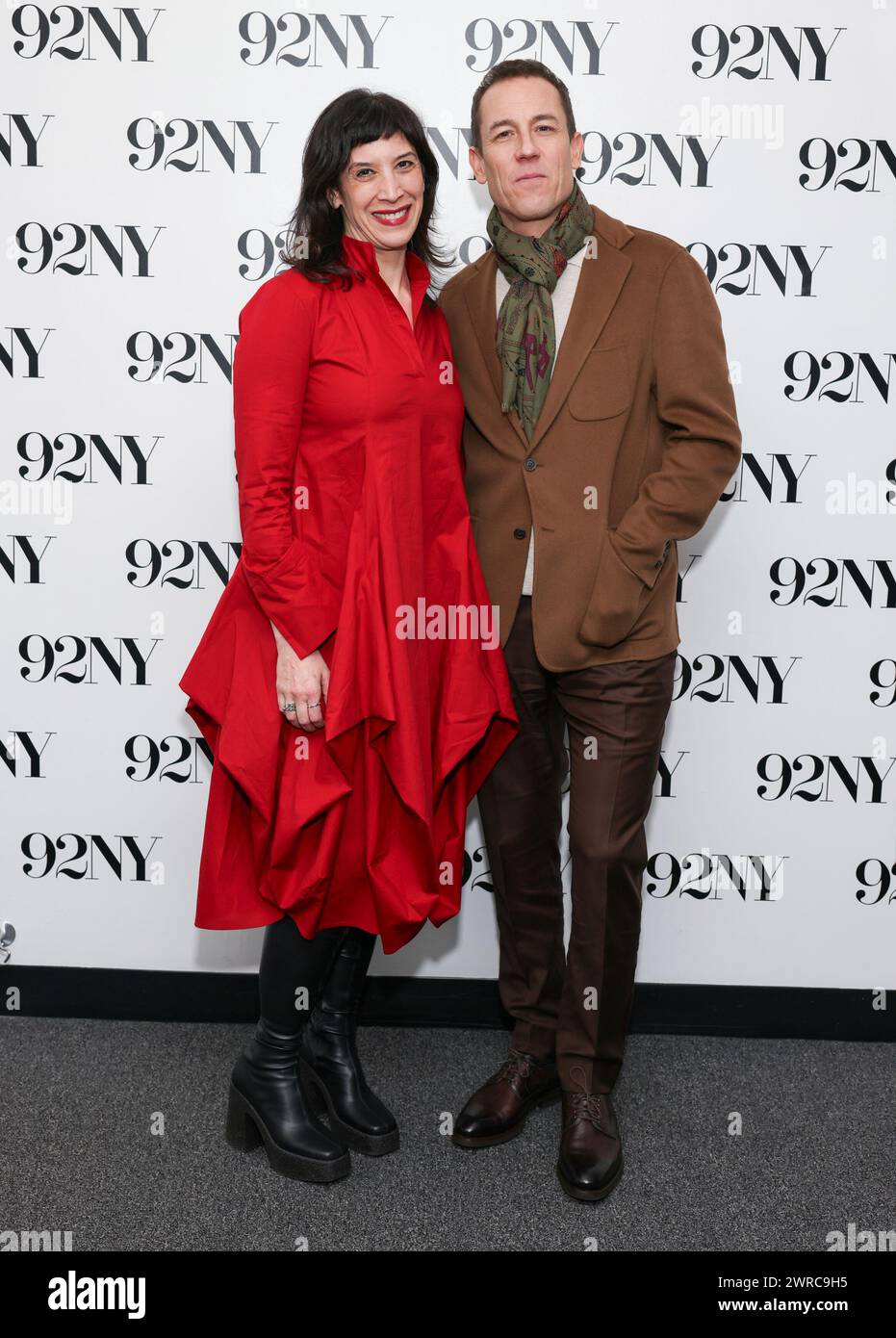Moderator Jessica Shaw, left, and Tobias Menzies from the Apple TV+ ...