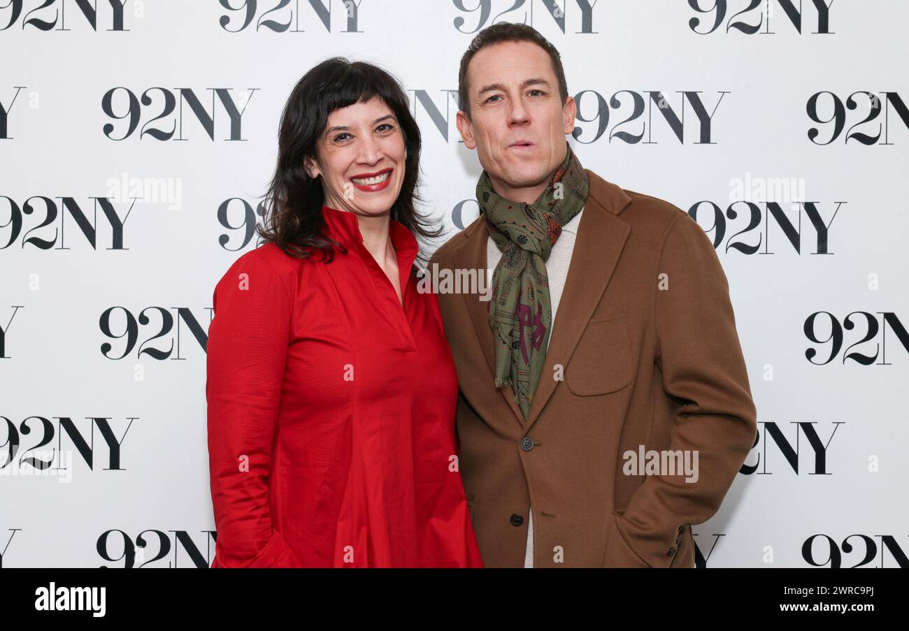 Moderator Jessica Shaw, left, and Tobias Menzies from the Apple TV+ ...