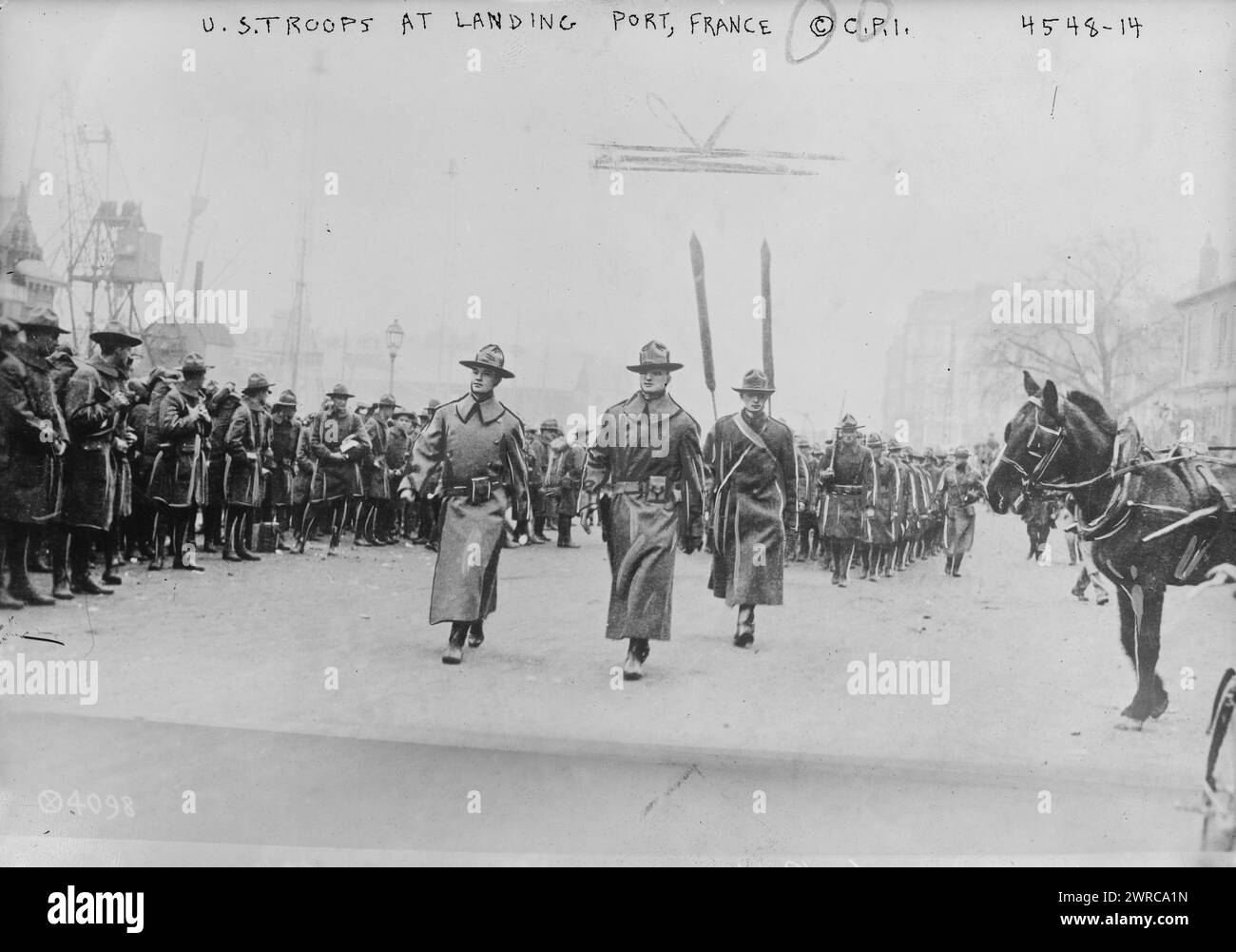 U.S. troops at landing port, France, Photograph shows the debarkation ...