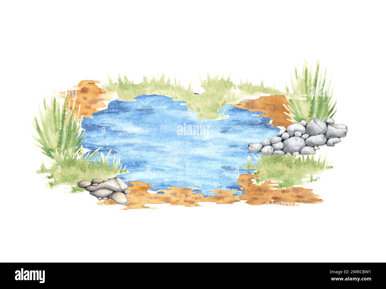 Watercolor illustration of an azure lake with light waves and ripples ...