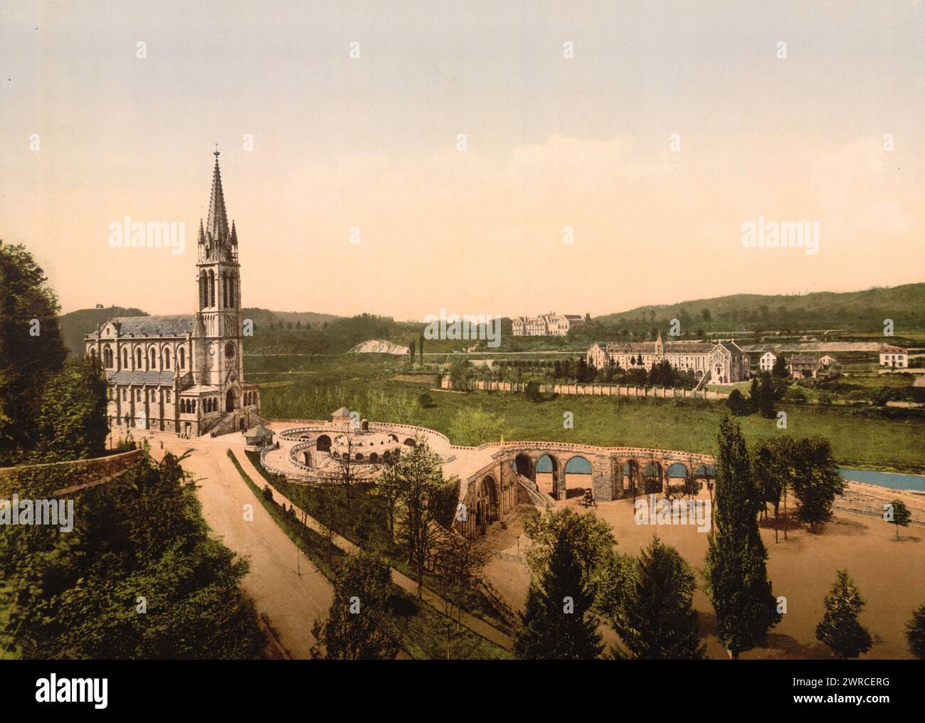 Notre Dame from Mount Calvary, Lourdes, Pyrenees, France, between ca ...
