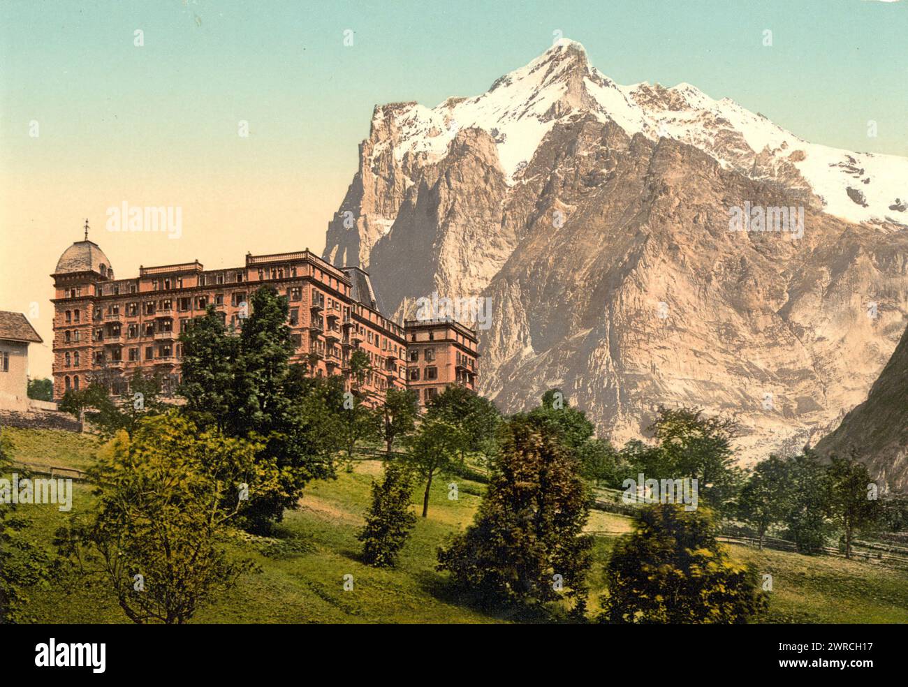 Grindelwald, view of Hotel Bären and Wetterhorn Mountain, Bernese ...