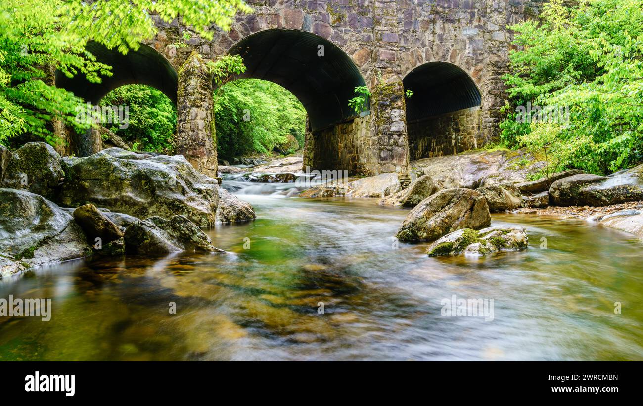 Long exposure image of West Fork Pigeon River under Triple Arch Bridge ...