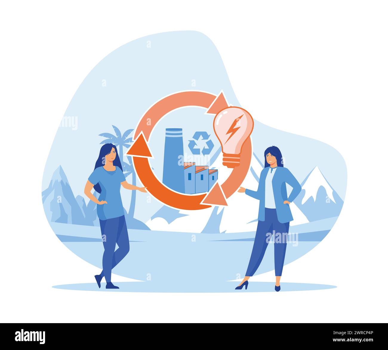 Circular economy and energy production. Women holding cycle sign with ...