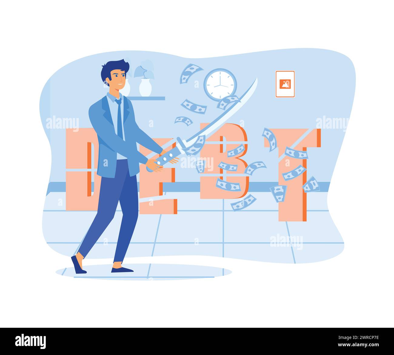 Cut debt Businessman cuts debt word with sword. Money flying, blue ...