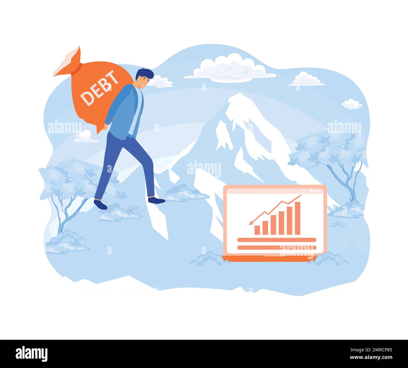 Crisis of high burden of consumer debt. Client bears a bag of debt ...