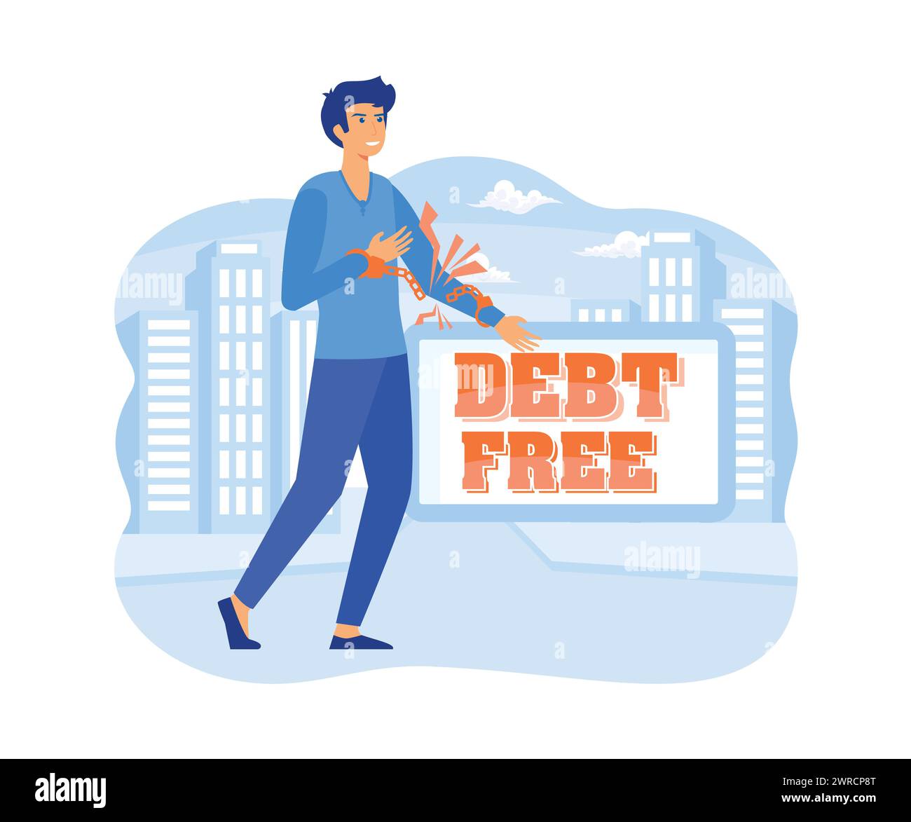 Debt free. Cheerful man with broken chains celebrating financial ...