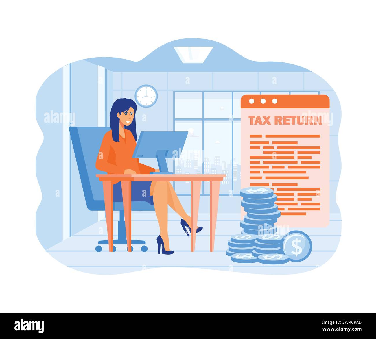 Tax Return. Businesswoman sitting at workplace desk with computer near ...