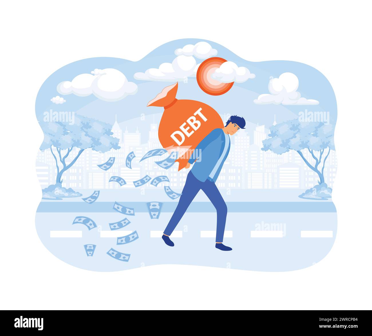 Debt burden. Businessman carrying big debt money bag losing money ...