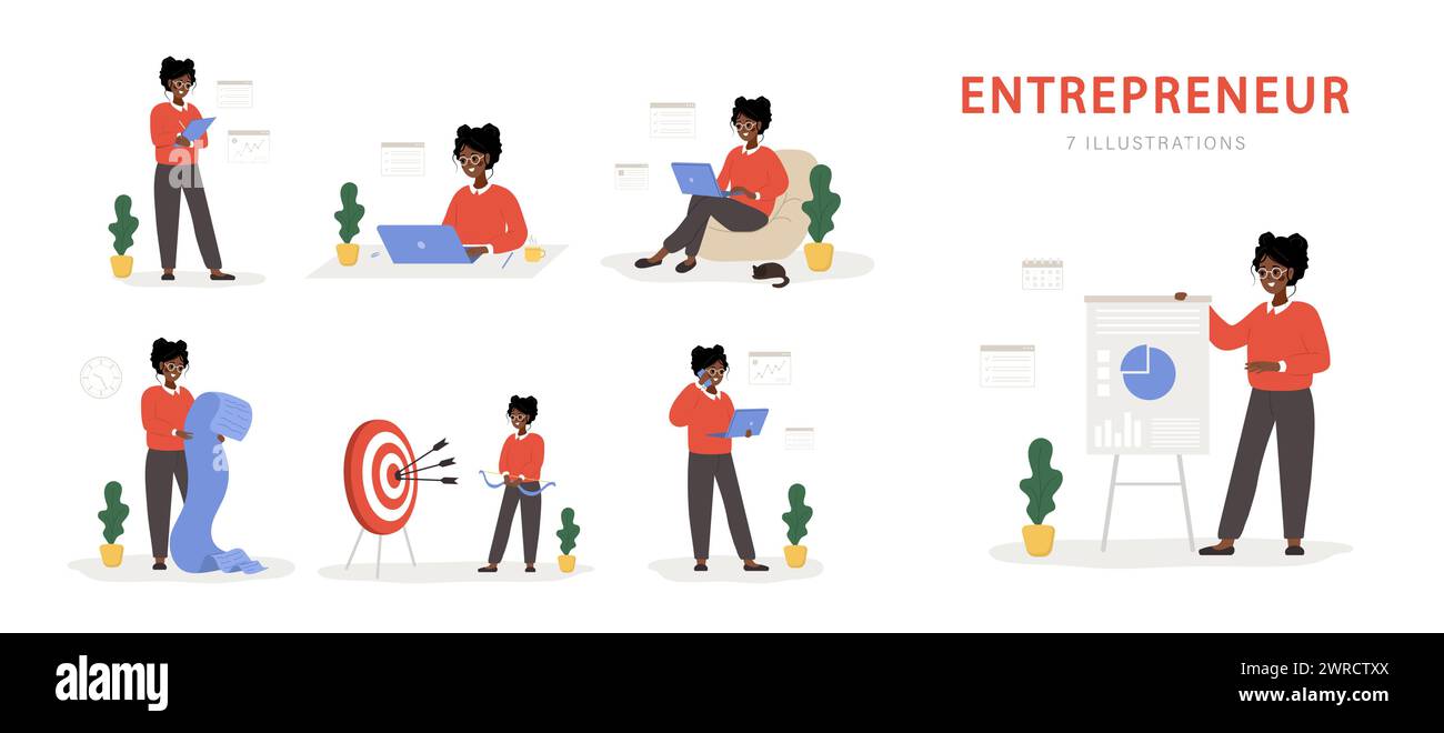 Set of female entrepreneurs. Successful african women in various scenes ...
