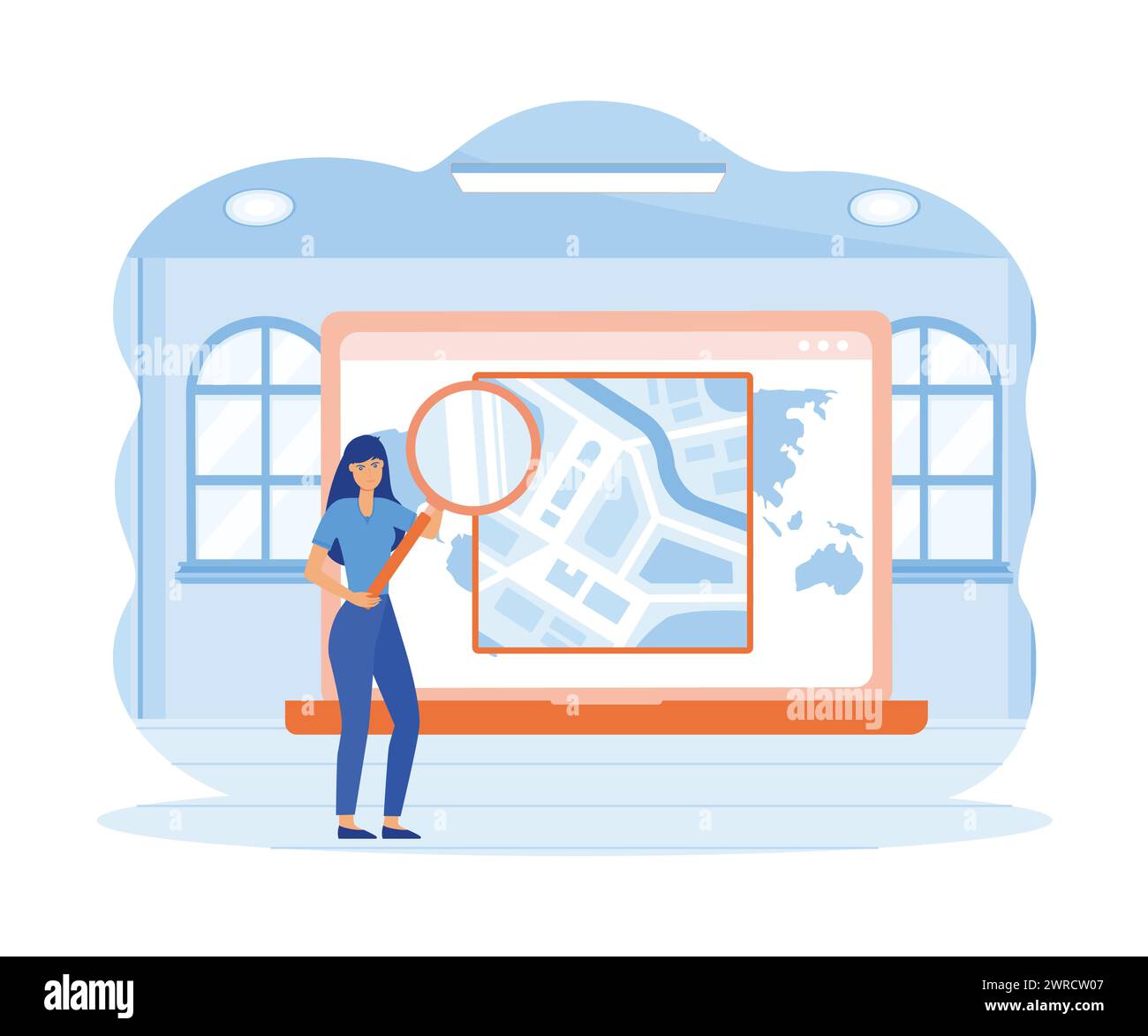 Set Geo location Concept. Tiny Female Character Searching Route and ...