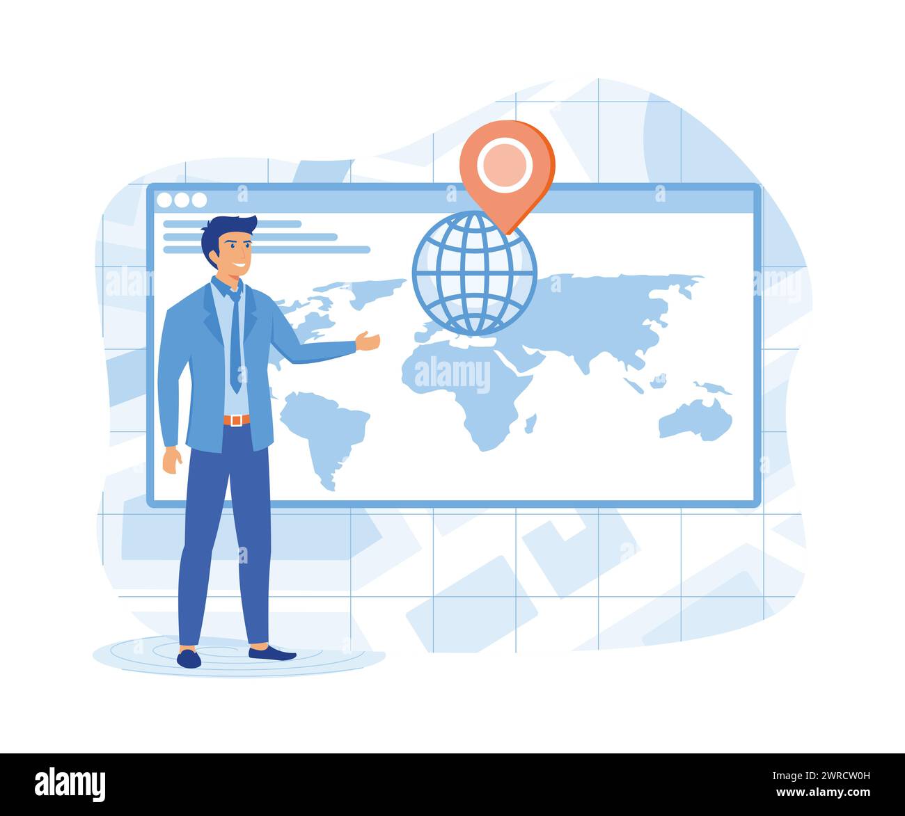 Set Geo location Concept. Tiny Male Searching Route and Looking on Map ...