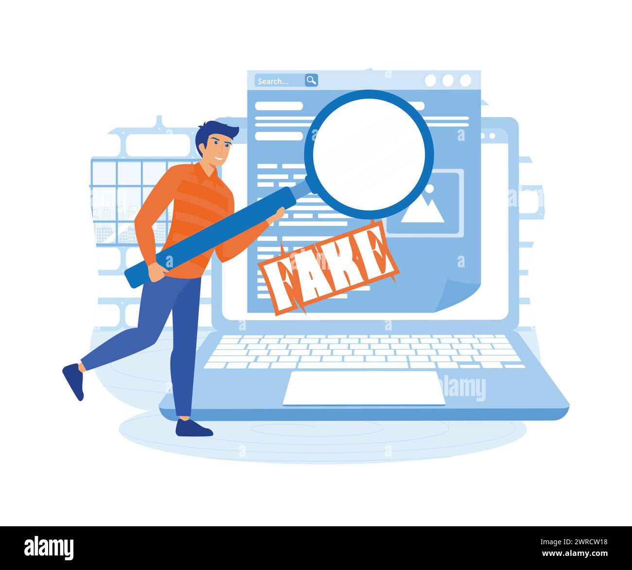 Man with magnifying glass verify fake news on website on computer. flat ...