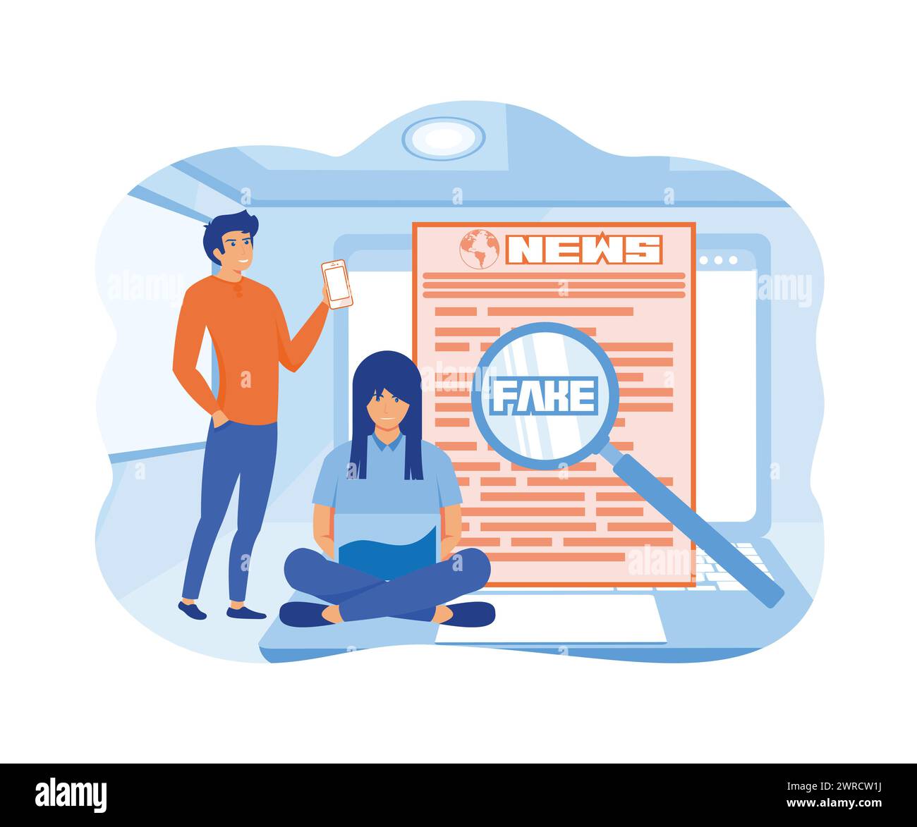 Fake news or fact scanning with magnifying glass. flat vector modern ...