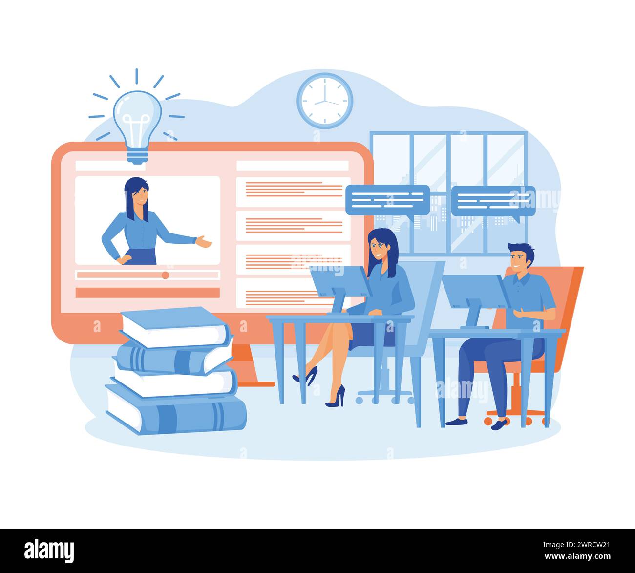 online education courses, the teacher teaches a group of students online. flat vector modern ...