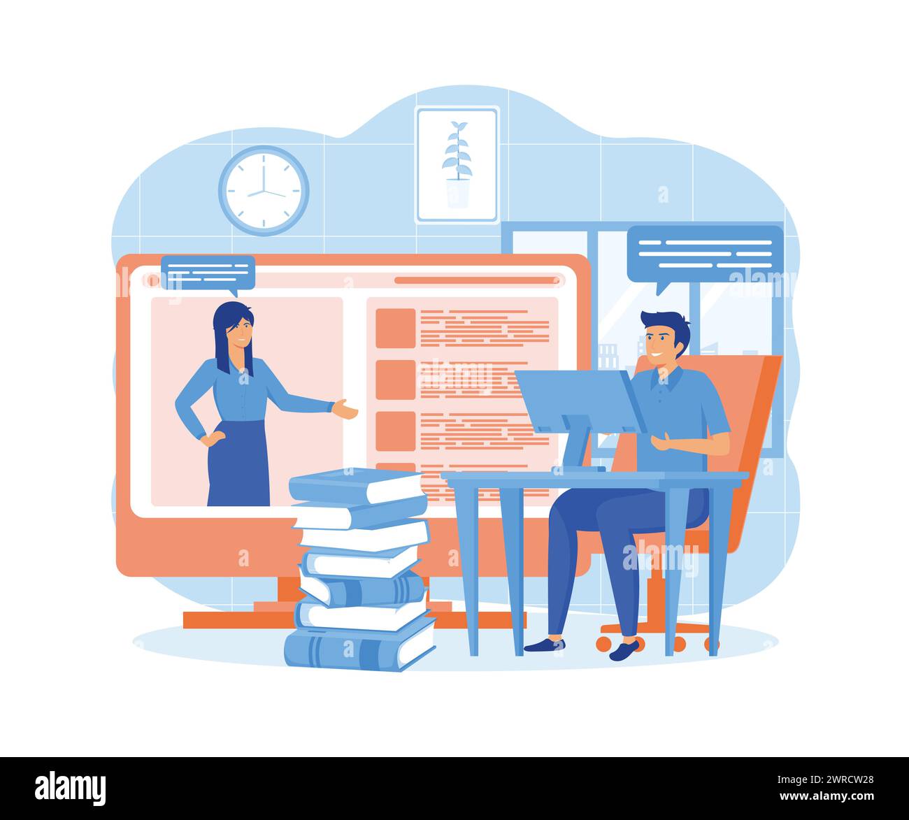 Online education, home schooling. Woman teacher on monitor screen ...